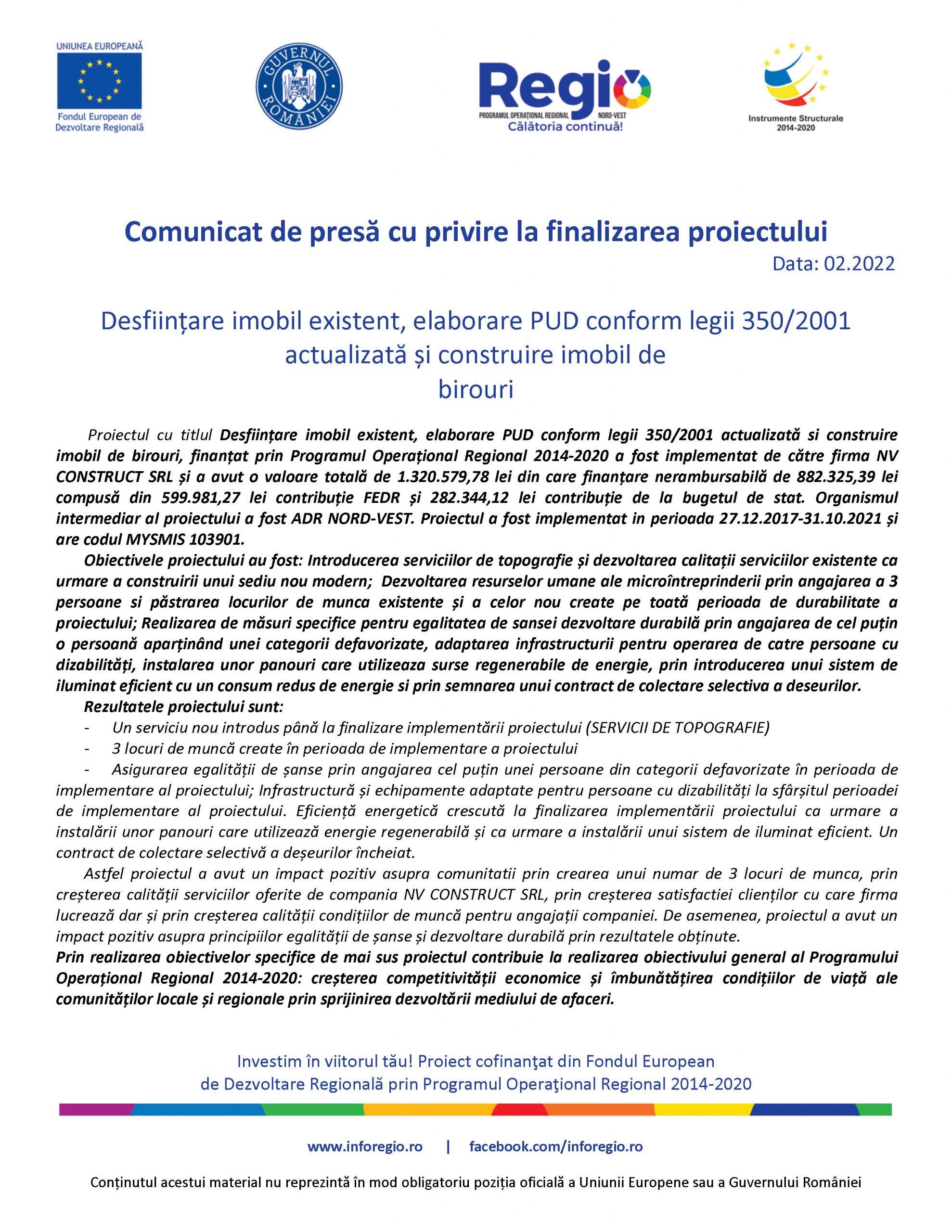 Comunicat de presa cu privire la finalizarea proiectului „Desființare imobil existent, elaborare ...